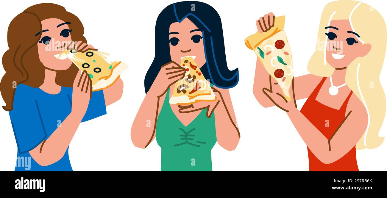 young pizza woman vector. happy slice, italian eat, person hungry young ...