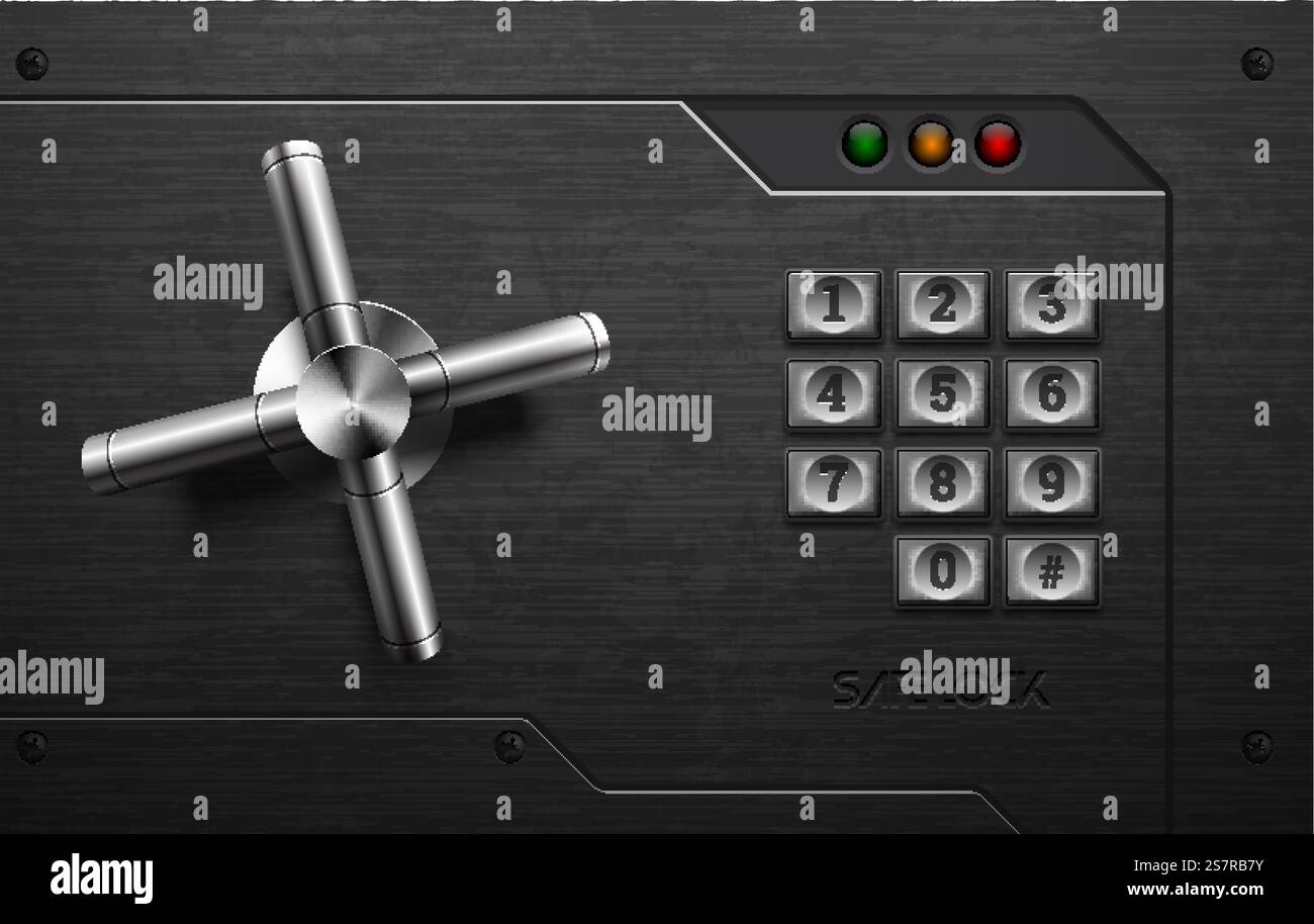 Realistic safe lock metal element on brushed black iron background with ...