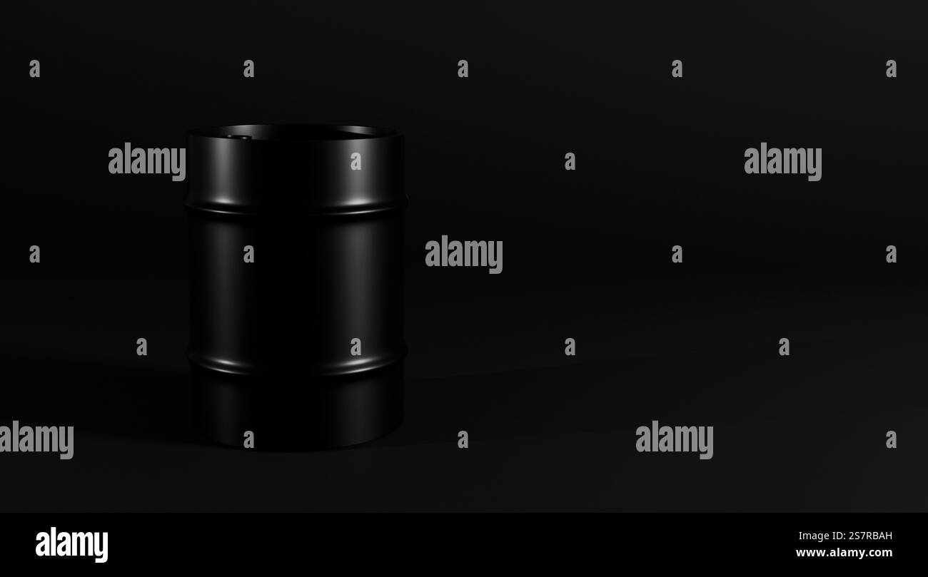 3D model of a black oil barrel on a black background, one oil barrel ...