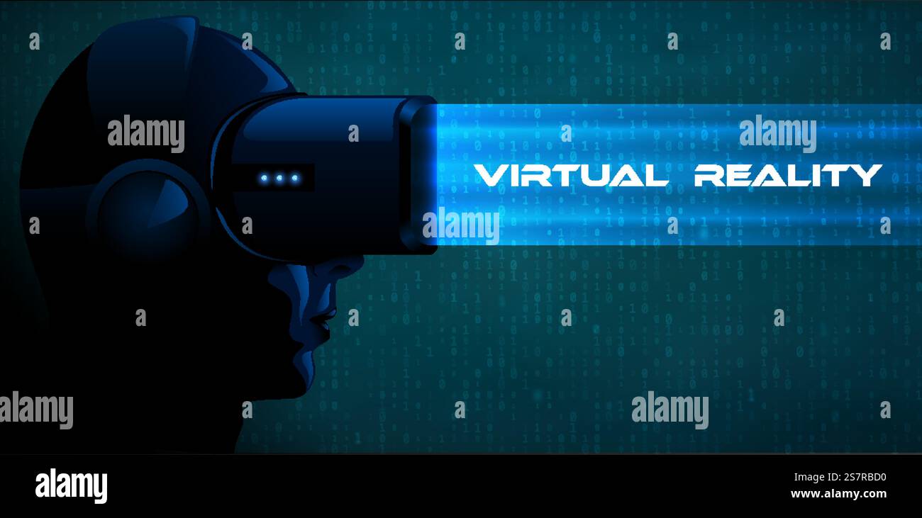 Vector young woman wearing virtual reality headset 3d glasses with blue ...