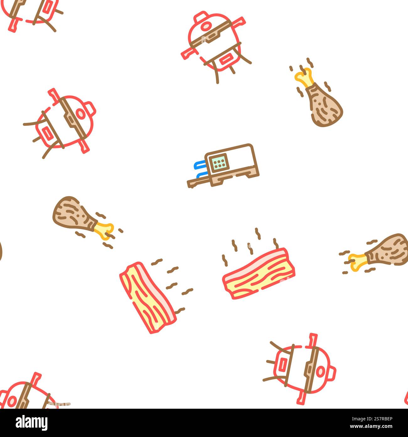 smoked meat bbq vector seamless pattern thin line illustration. smoked ...