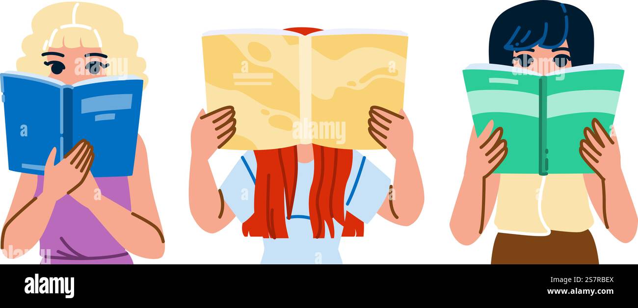book woman reading hiding vector. person face, holding lifestyle, young ...