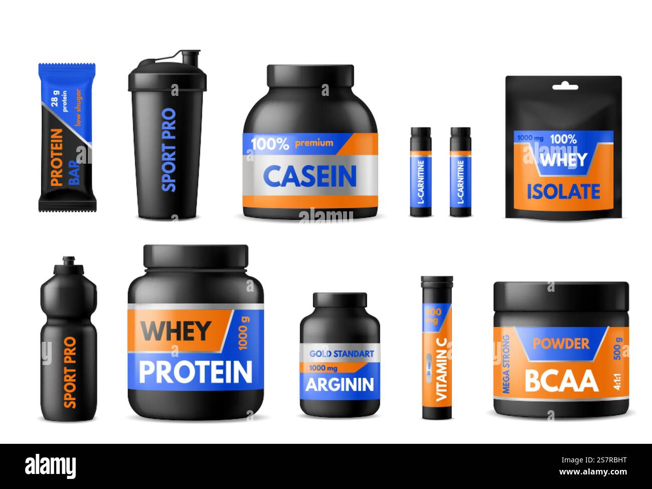 Sport nutrition labels. Bodybuilders food supplements, plastic packages ...