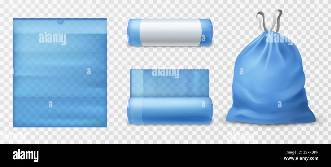 Realistic trash bags. Kitchen 3d garbage blue eco pack with ties in ...