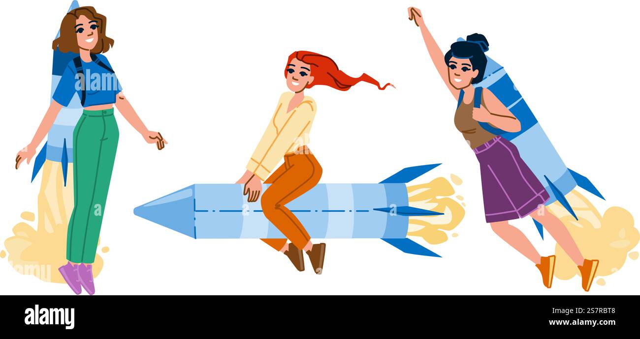 start rocket woman vector. startup fly, speed power, boost creative ...