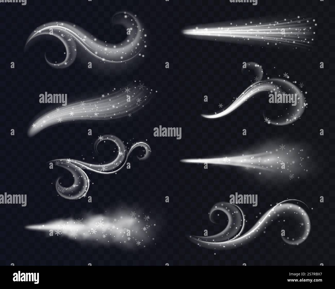 Cold wind air streams. Realistic winter breath flows with snowflakes ...