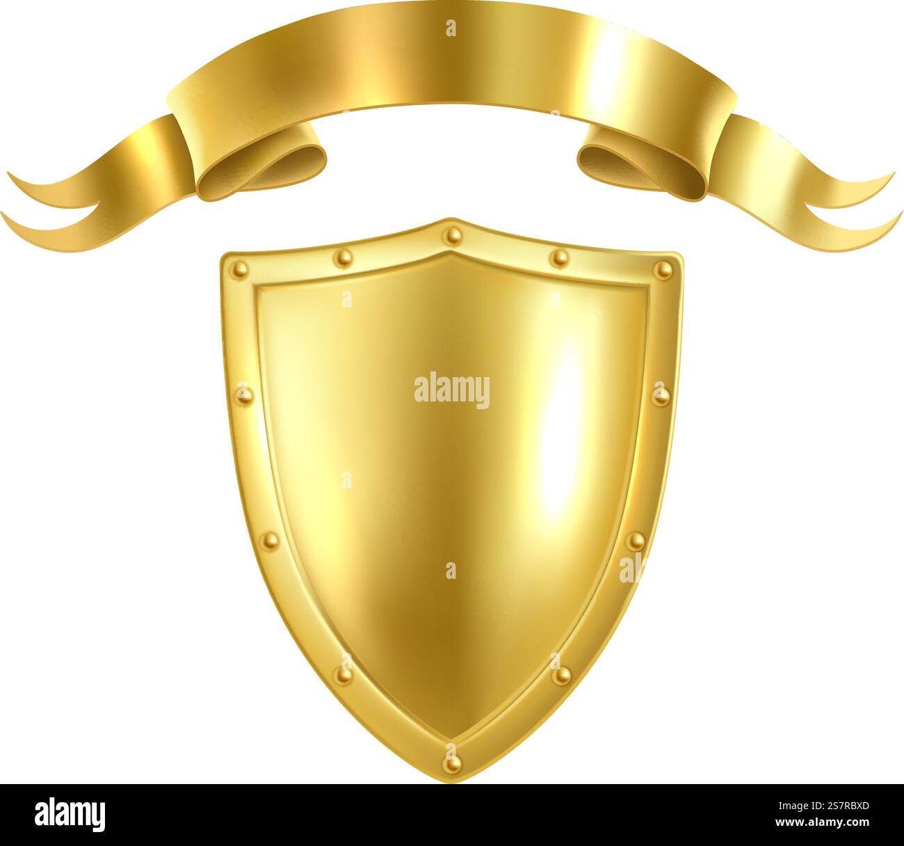 Realistic heraldic symbol. 3D golden shield and ribbon. Metallic ...