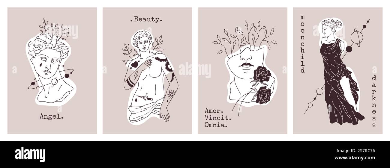 Antique statues cards. Greek gods sculptures. Retro elements ...