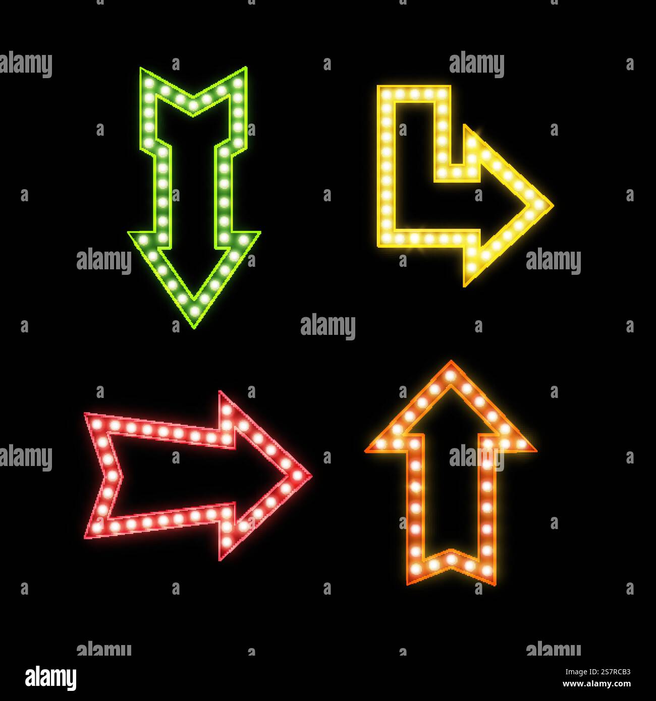 Realistic signs with lamps. Retro illuminated pointers. Glowing symbols ...