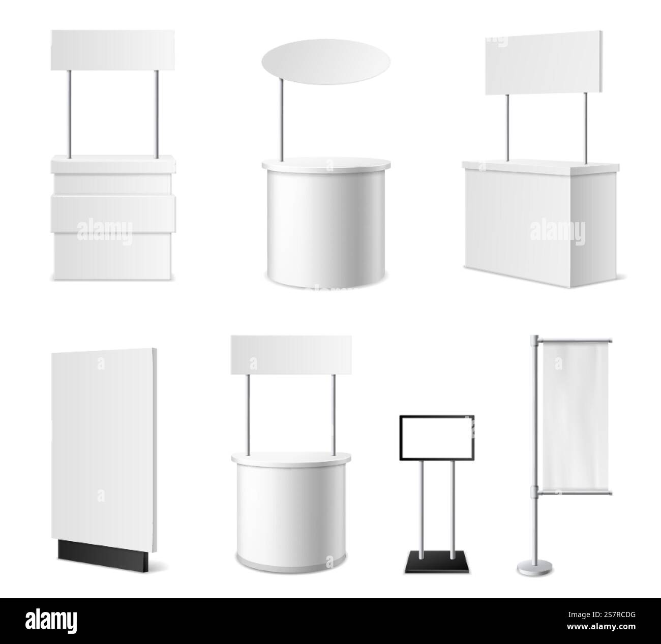 Realistic promotional stands. 3d white blank advertising counters collection, isolated blank ...