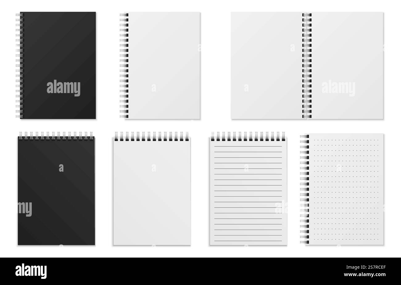 Open and closed notebook. Blank realistic spiral binder notepad or sketchbook. White sheets ...
