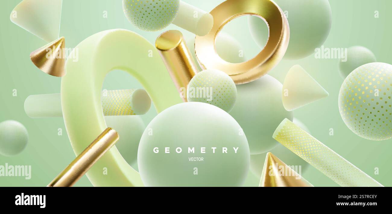 Abstract background with 3d mint green and golden shapes. Abstract ...