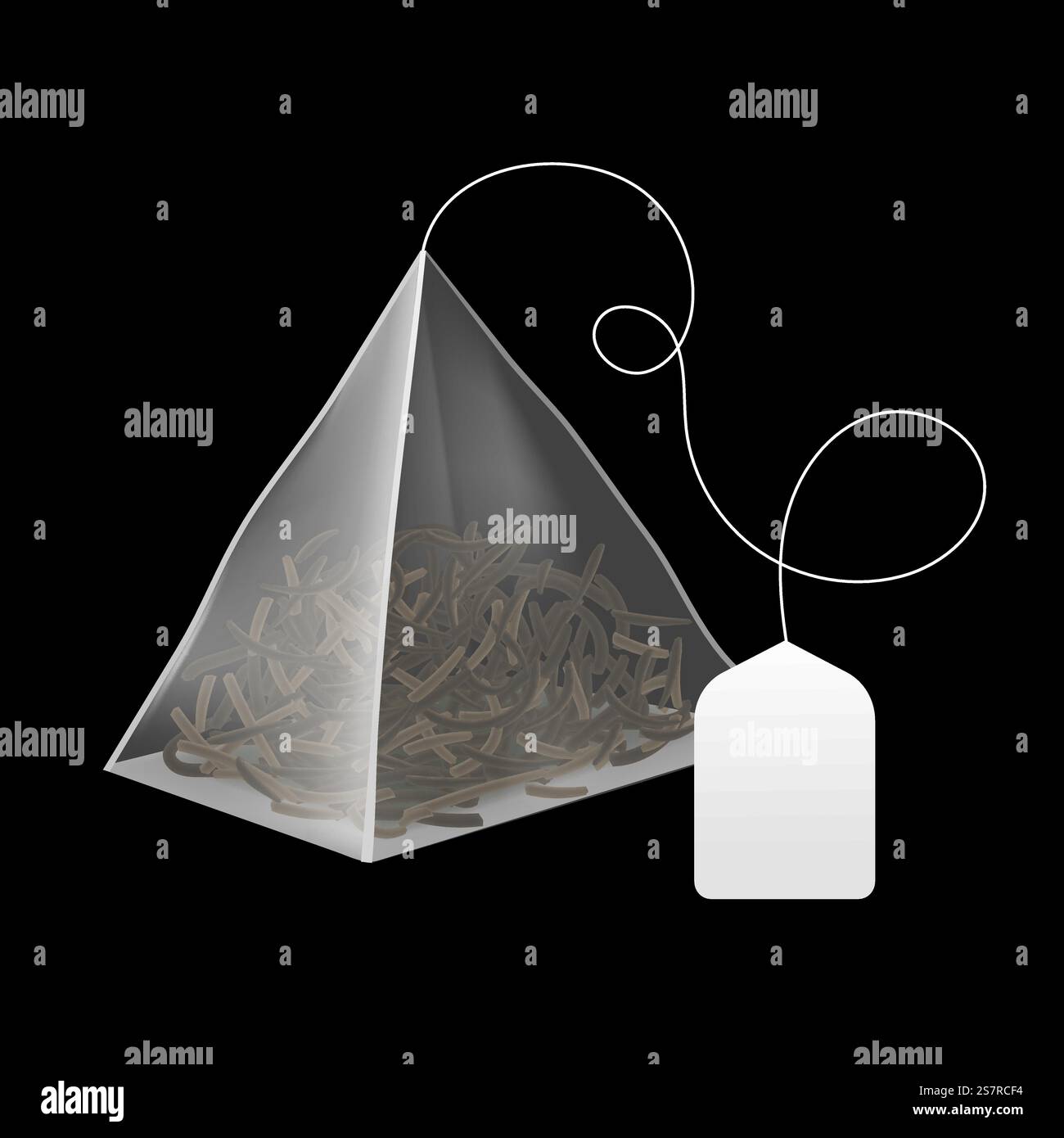 Realistic tea bag. Pyramid sachet with blank paper label, disposable ...