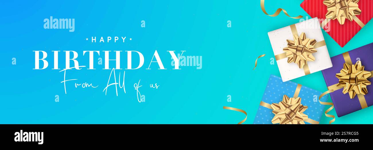 Happy birthday horizontal banner. Realistick colorful gift boxes top ...