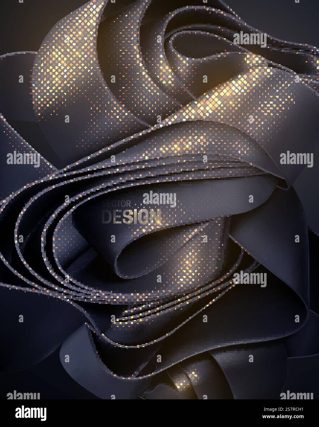 Abstract background. Black curvy fabric ruffles with golden glitters ...