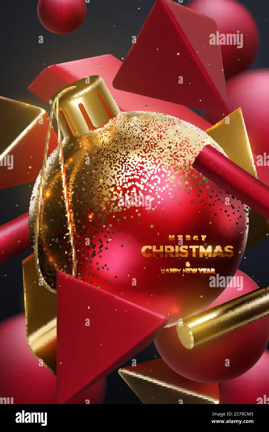 Merry Christmas and Happy New Year golden sign with 3d shapes and ...