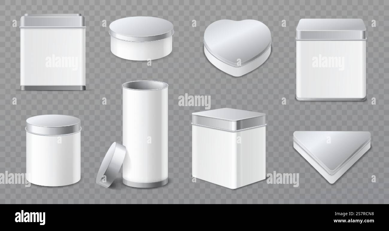 Metal boxes. Realistic tin jars, 3d white and aluminum caps containers ...