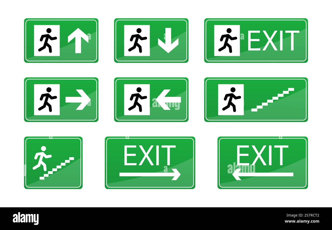 Green emergency fire exit sign collection. Set of emergency exit or ...