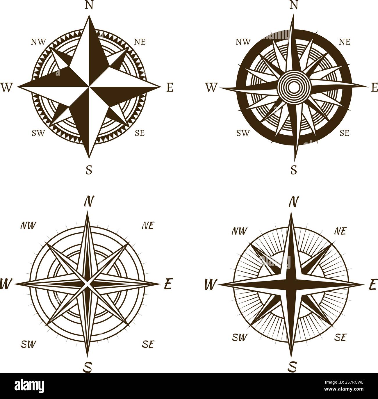 Icons compass. Wind rose hand drawn. West east and south north ...