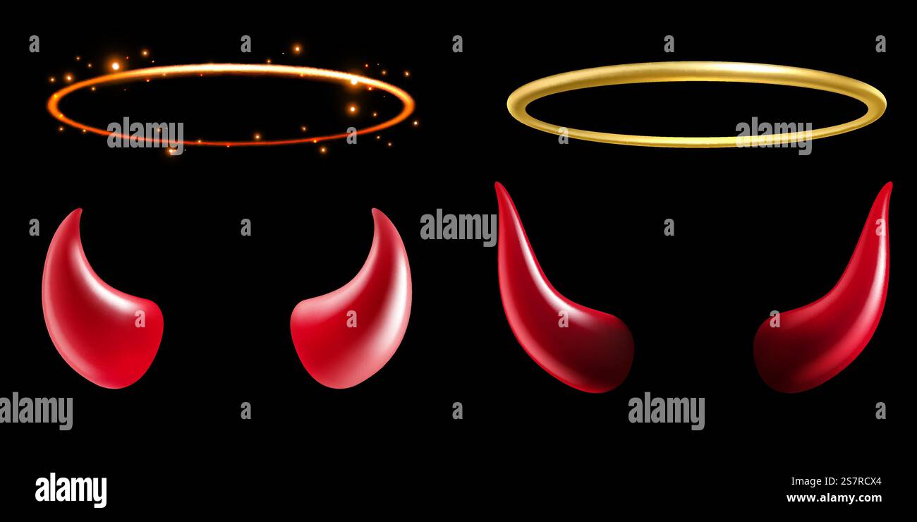 Devil horns and angel rings. Golden glowing halo, shiny golden aureole ...