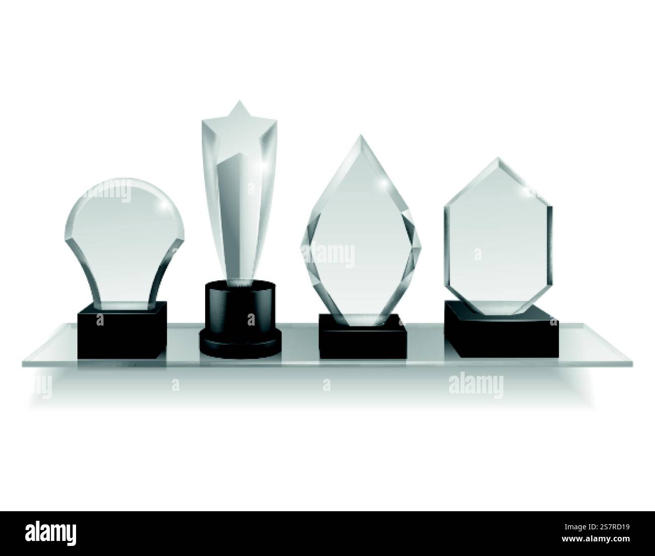 Glass champion prizes on shelf. Realistic different award on shelving ...