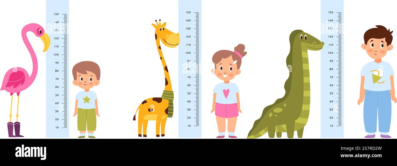 Kid measure height. Different growth and ages children stand near wall ...