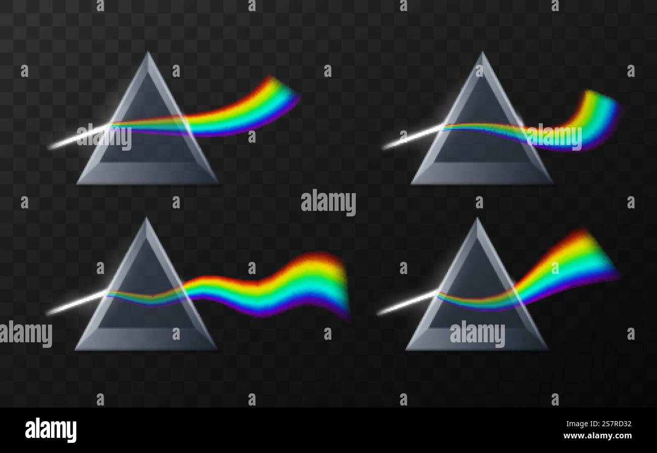 Prism rainbow shapes. Realistic physics refraction, triangular pyramid ...