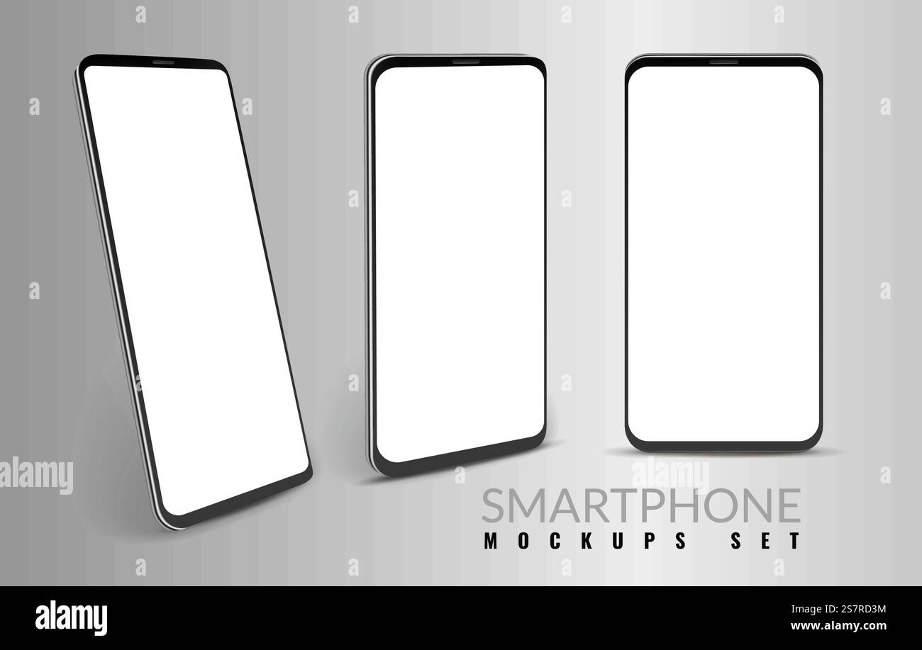 Realistic smartphone mockup. Mobiles in different view angles. Modern 3D cell phones template ...