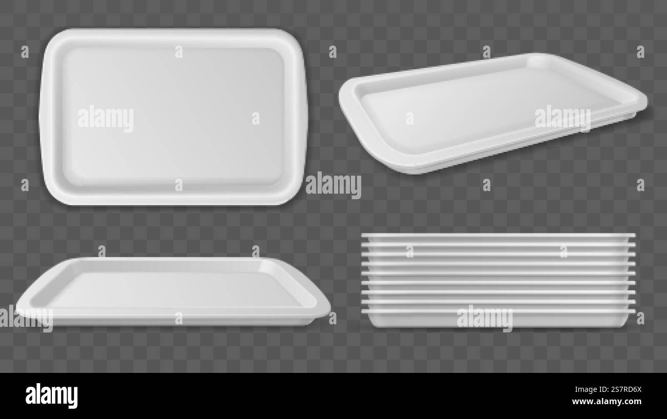 Food trays. Realistic plastic white salvers. Blank rectangular dinner ...