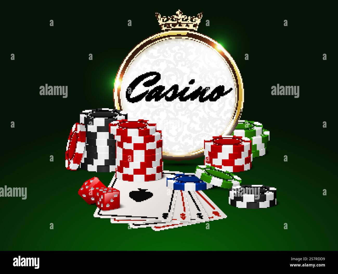 Round casino golden frame with crown, stack of poker chips, ace cards ...