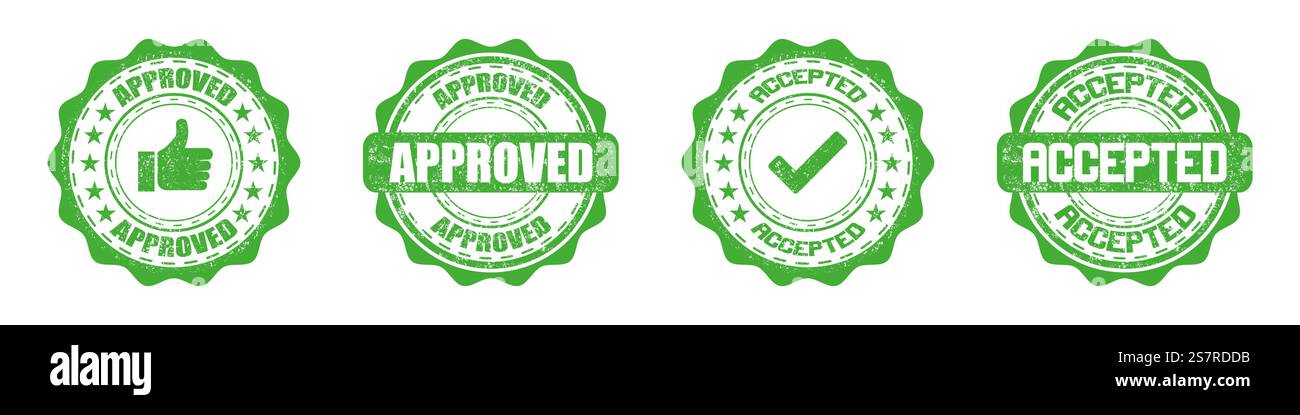 Set of green grunge seal stamps with approved and accepted. Like and ...