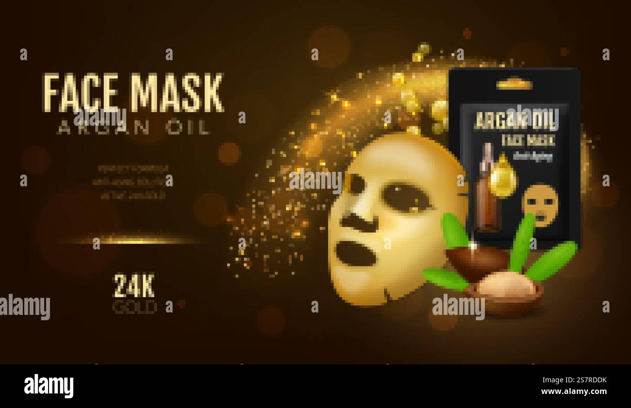 Cosmetics facial mask. Realistic 3D beauty golden face cover with ...