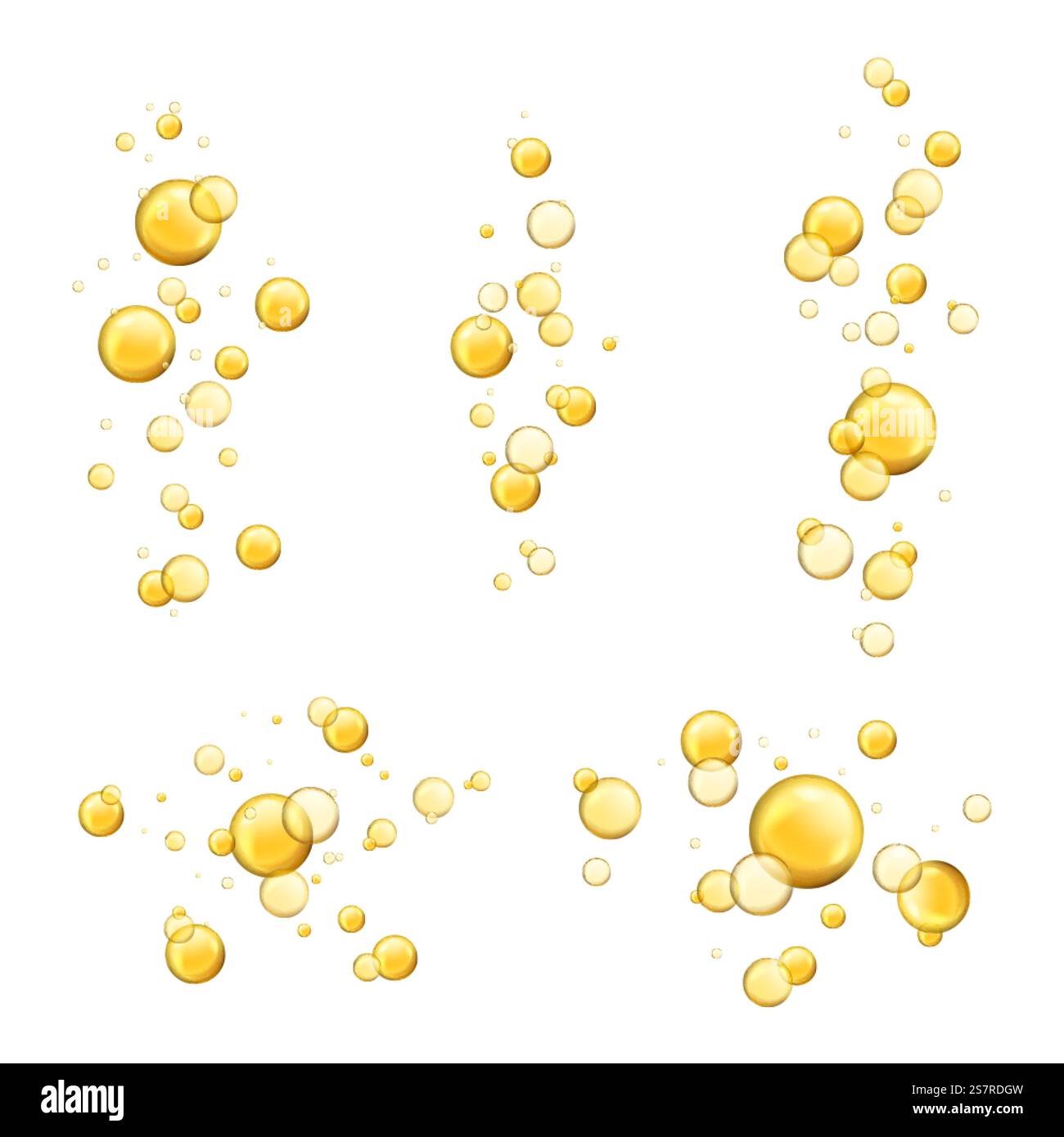 Bubbles oil. Shiny realistic drops, cosmetic gold pill capsule collagen ...