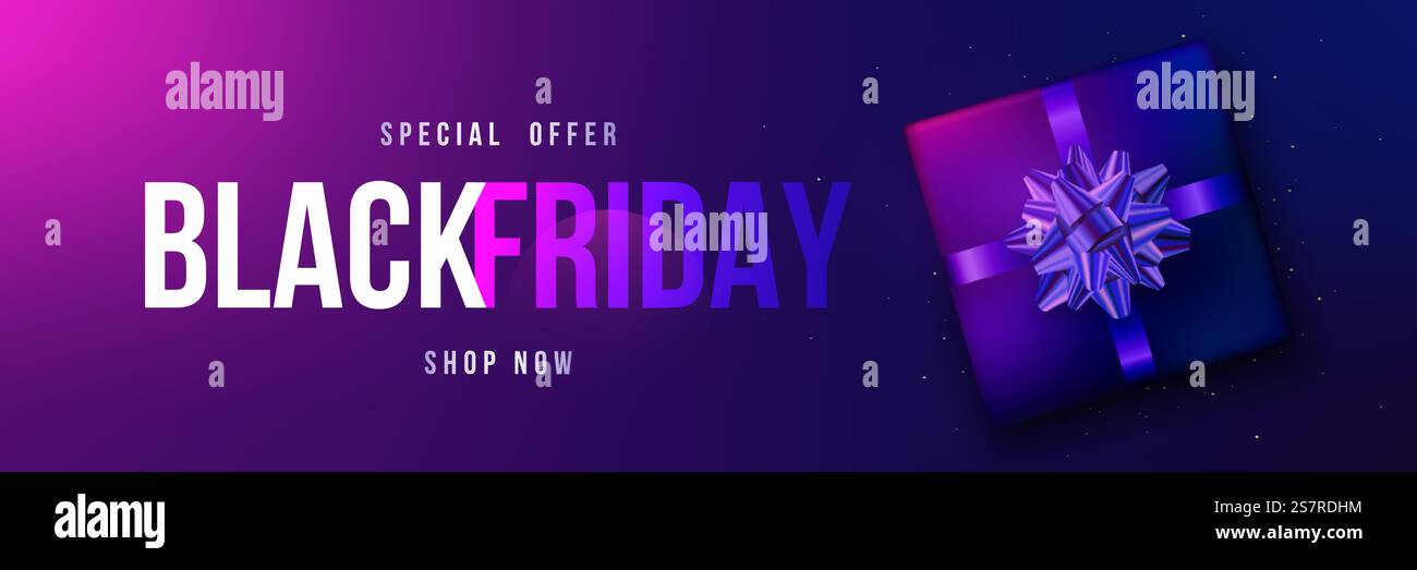 Black Friday horizontal banner. Realistic 3d design gift box reflecting ...