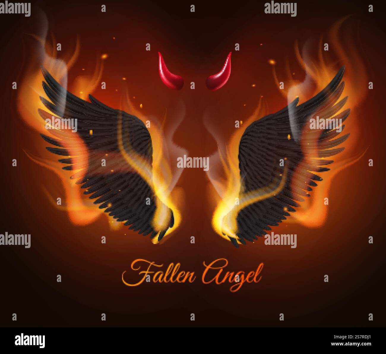 Realistic burning wings. Black feathers demon wings, red devil horns in ...