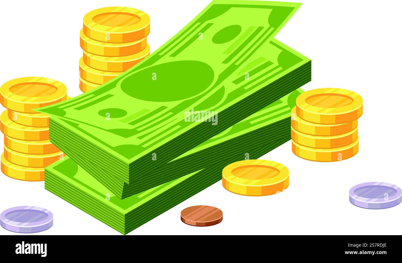 Wealth cartoon icon. Dollar banknotes and coin stacks isolated on white ...
