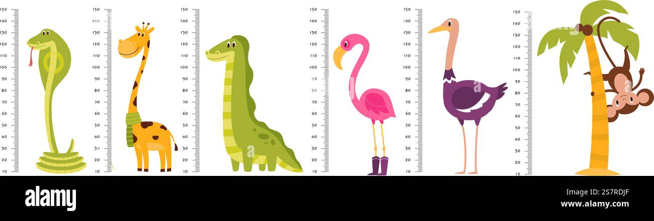 Growth ruler. Kids scale measuring with funny tall or long wild ...