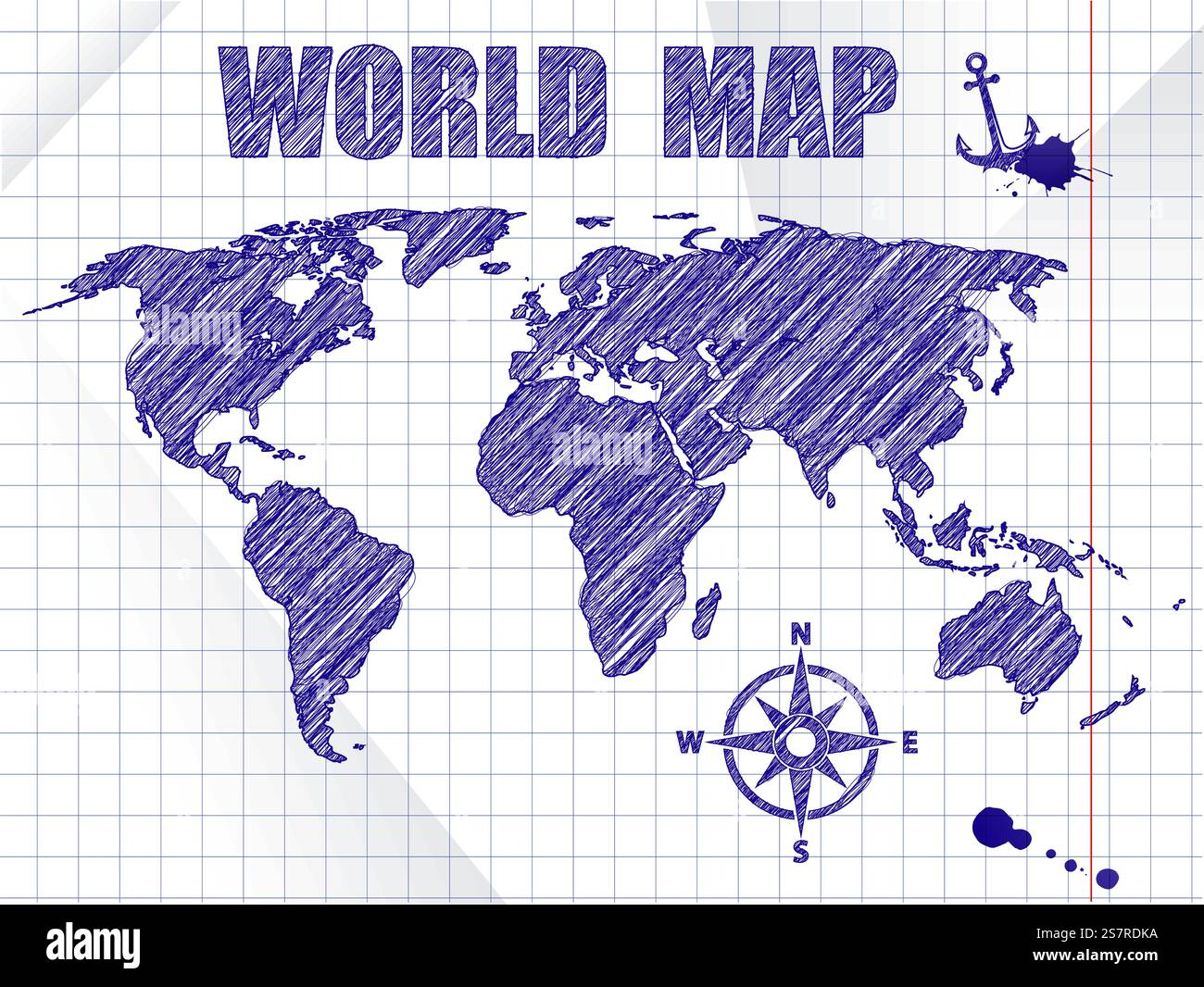 Blue ink sketched navigation world map on school notebook sheet ...