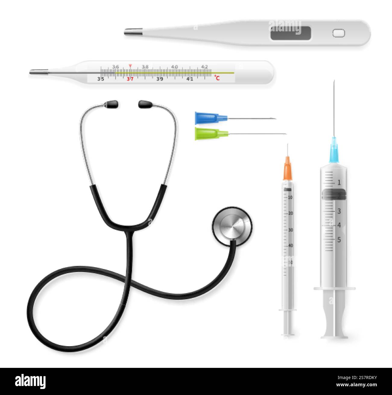 Realistic medical instruments. 3d hospital diagnostic and treatment tools, doctors and nurses ...