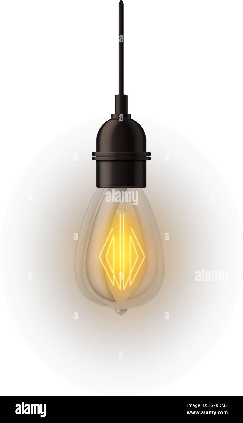 Glowing light bulb. Realistic hanging retro lamp isolated on white background. Glowing light ...