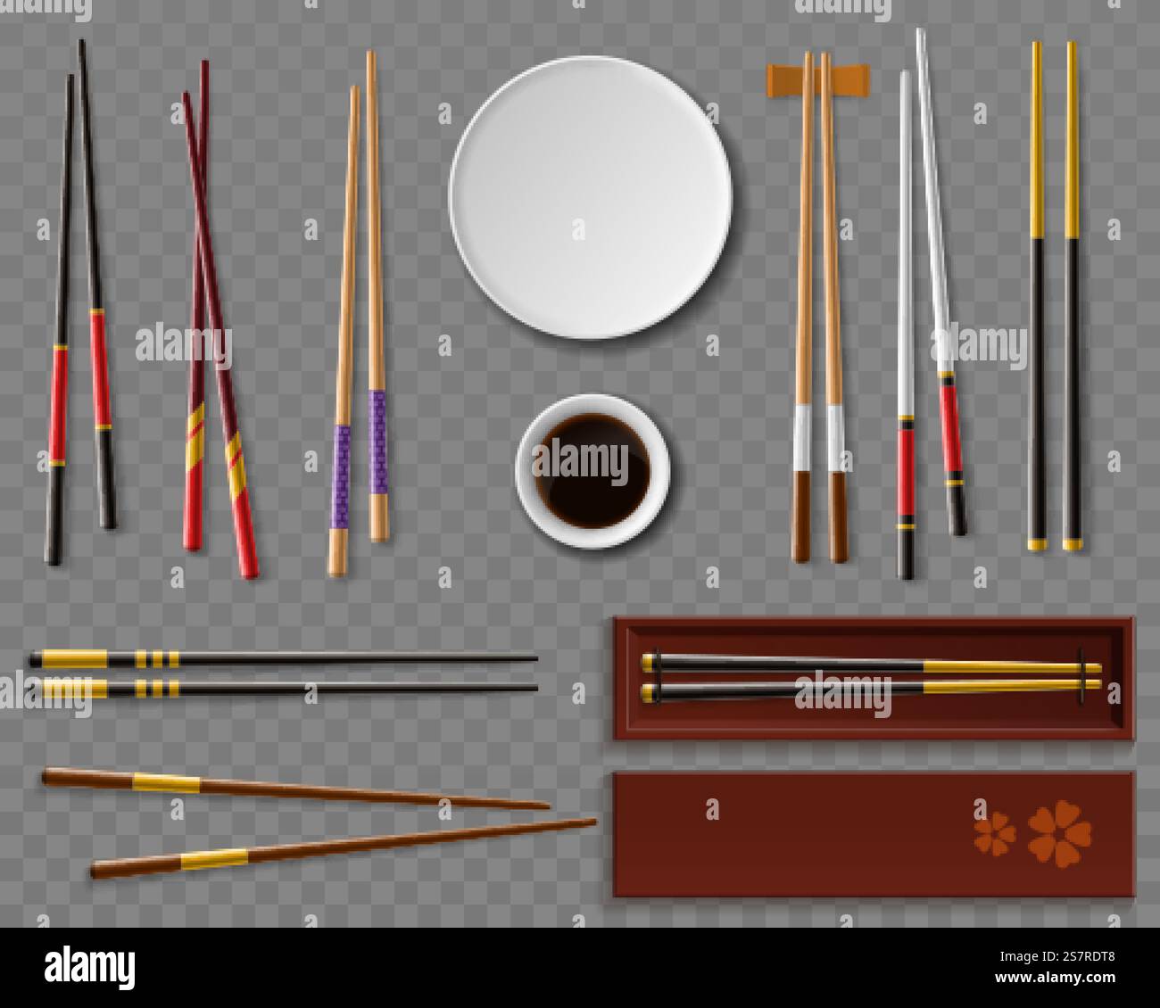 Sushi chopsticks and soy sauce. Realistic dishes and wooden cutlery ...