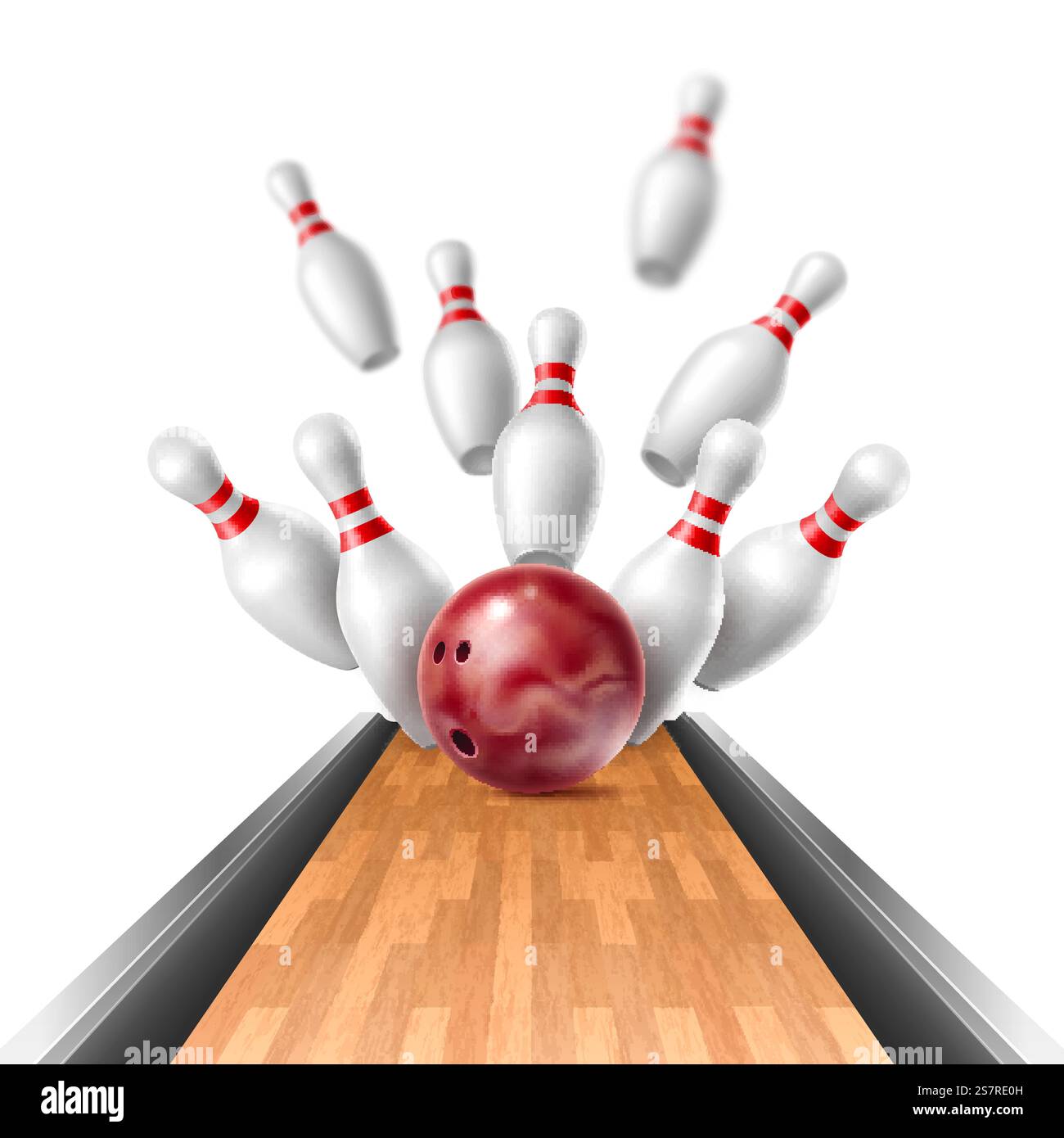Realistic bowling strike. Hitting ball on pins moment, flying 3d ...