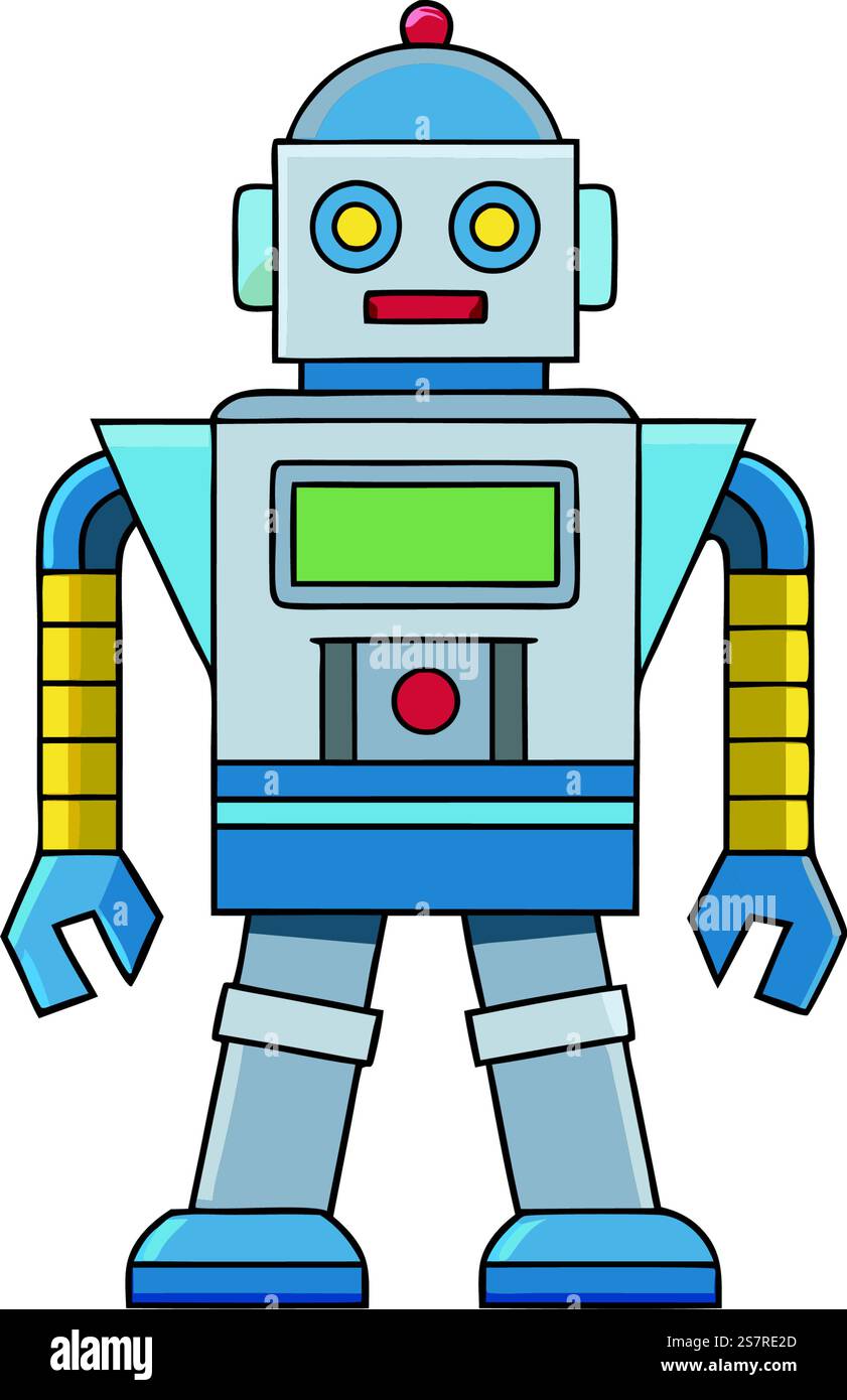 Cartoon retro robot design with futuristic features, metallic textures ...