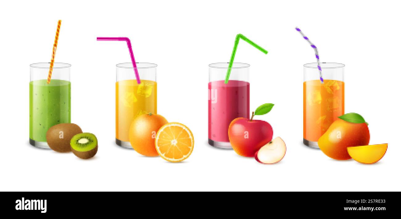 Fruit smoothies realistic glasses with different juices and beverages ...