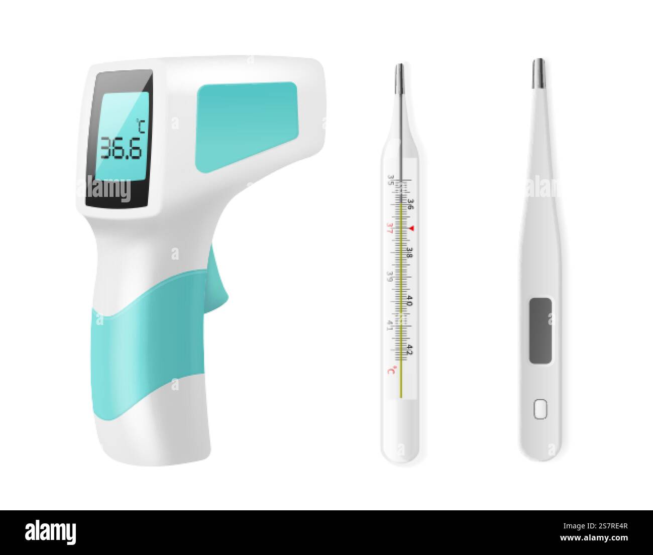 Realistic thermometers. Different types medical devices, measuring human body temperature ...