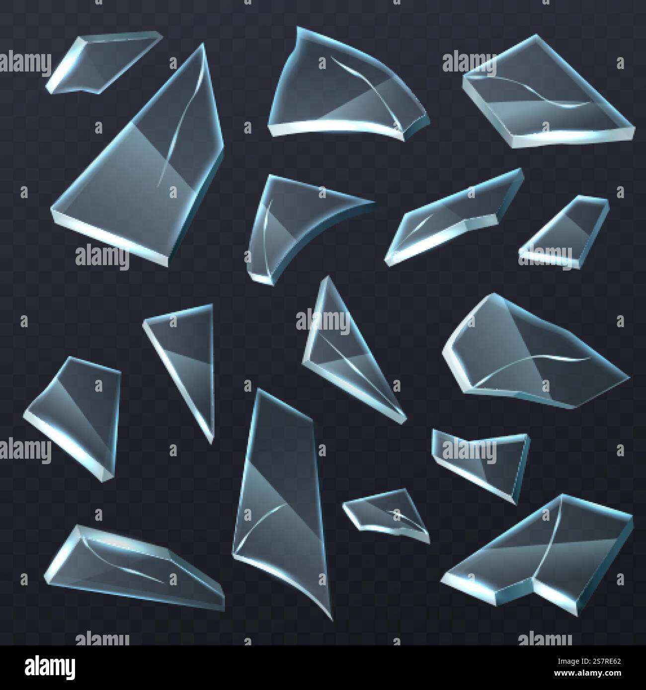 Broken glass shards. Realistic transparent different shapes pieces. 3D ...