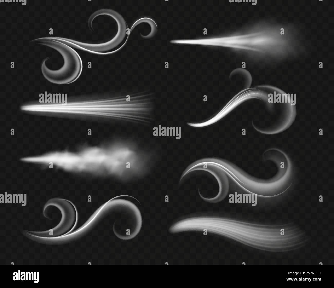 Wind air streams. Realistic storm waves, abstract dry smoke flow ...