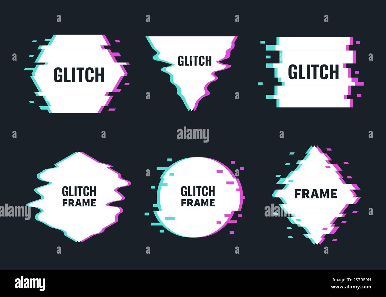 Glitch frames. Noise and distortion abstract minimalistic shapes, digital interferences trendy ...