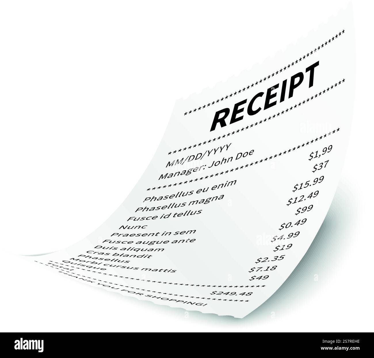 Realistic receipt. Paper cash bill. Packing list isolated on white ...