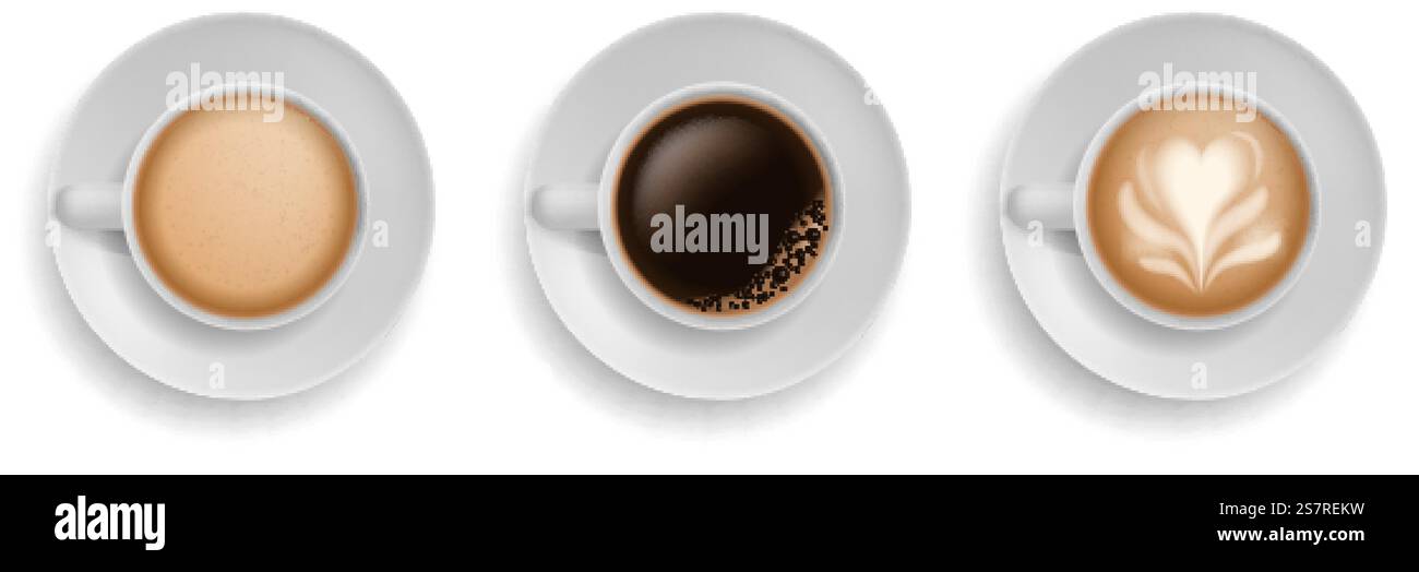 Cup coffee. Realistic mugs on plate top view. White ceramic utensil ...